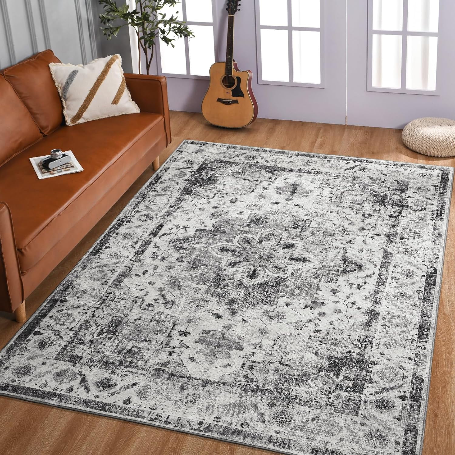 Boho Washable Rug 6x9, Light Gray Vintage Non Slip Area Rug, Distressed ...
