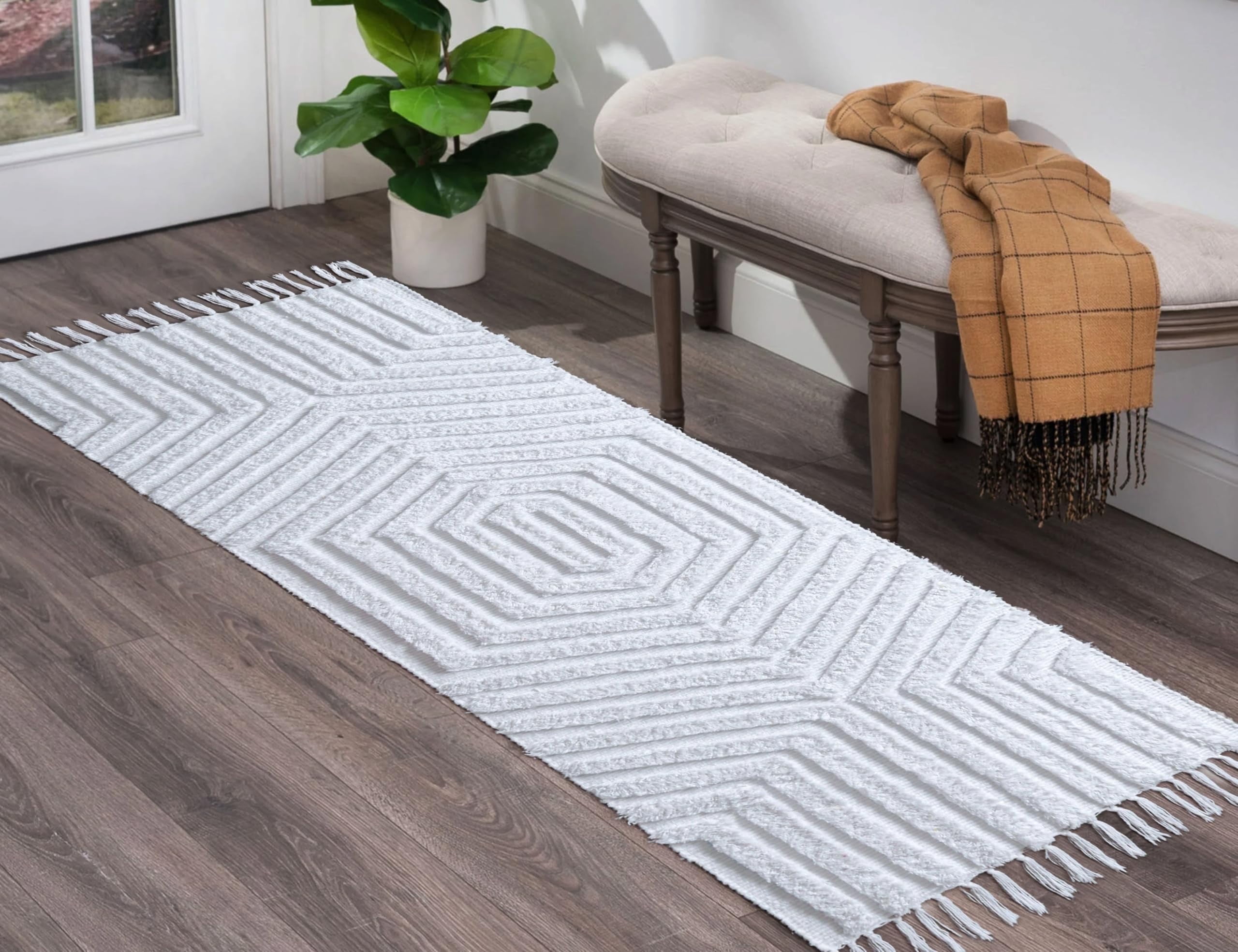 Boho Washable Tassels Runner Rug for Kitchen & Bedroom- 2x6 ft White ...