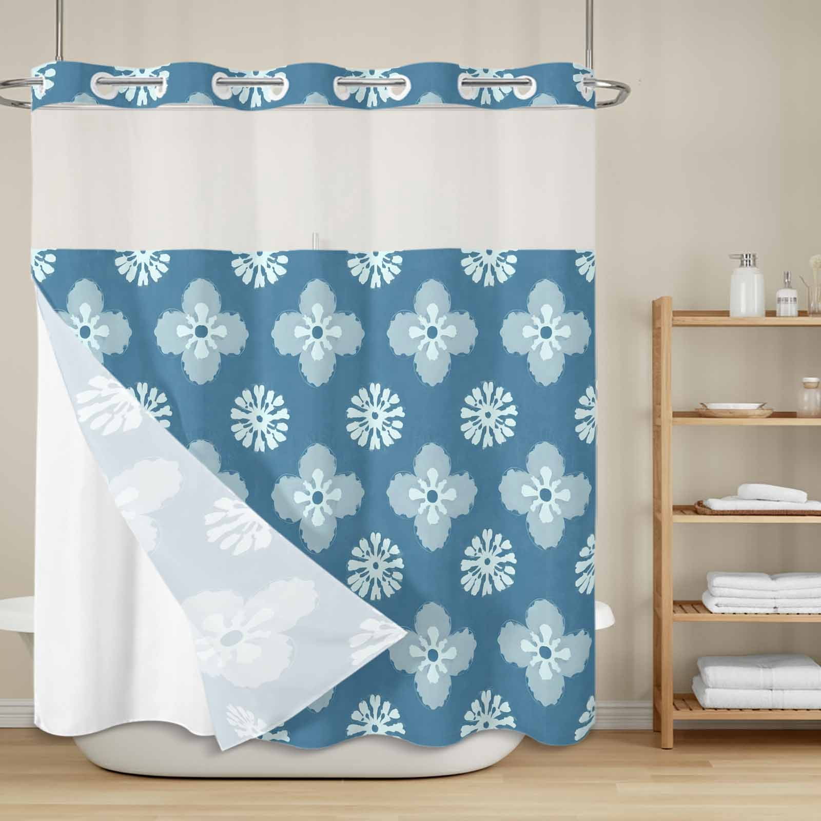 Boho Watercolor Flower Seamless No Hook Shower Curtain with Snap in ...