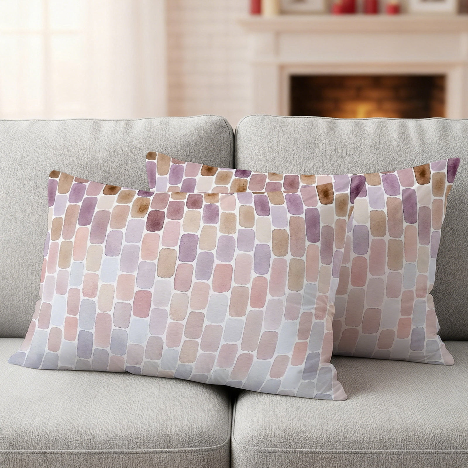 Boho Watercolor Squares Waterproof Throw Pillow Covers Set of 2 Brown ...