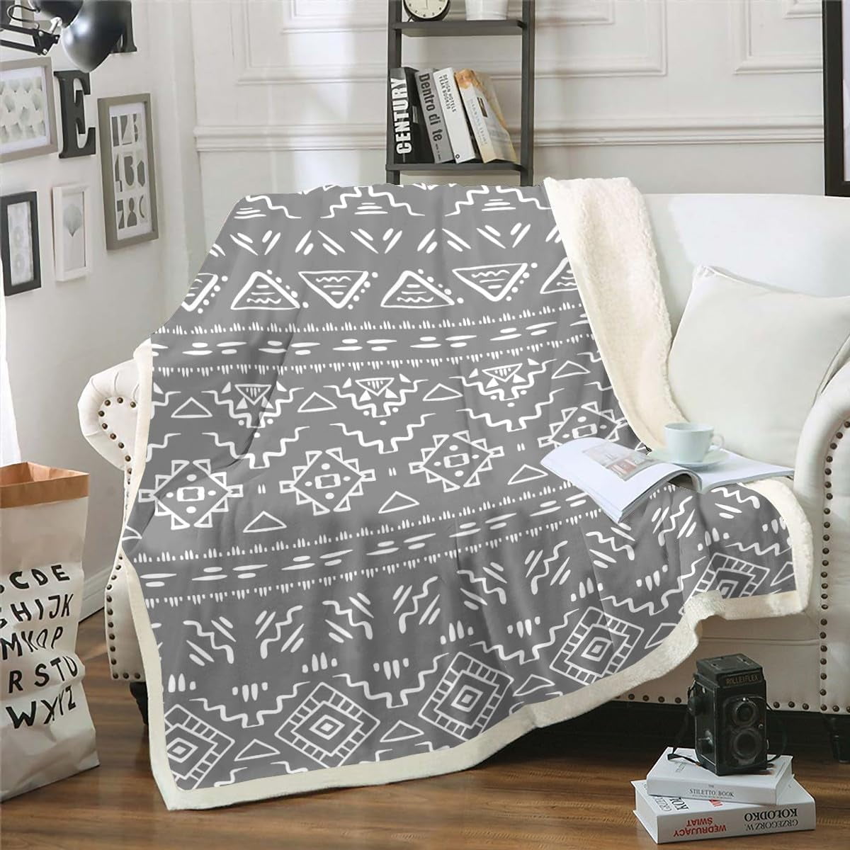 Boho Western 40"X50" Throw Blanket for Men Women Grey White Geometric ...