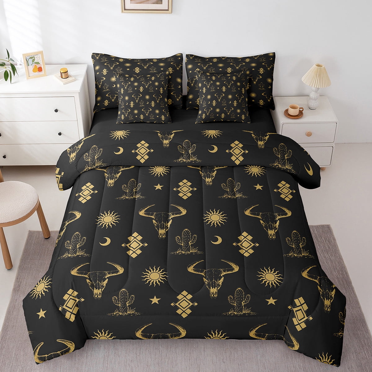 Boho Western Bedding Sets 7 Piece Black Gold Bohemian Aztec Bull Skull ...