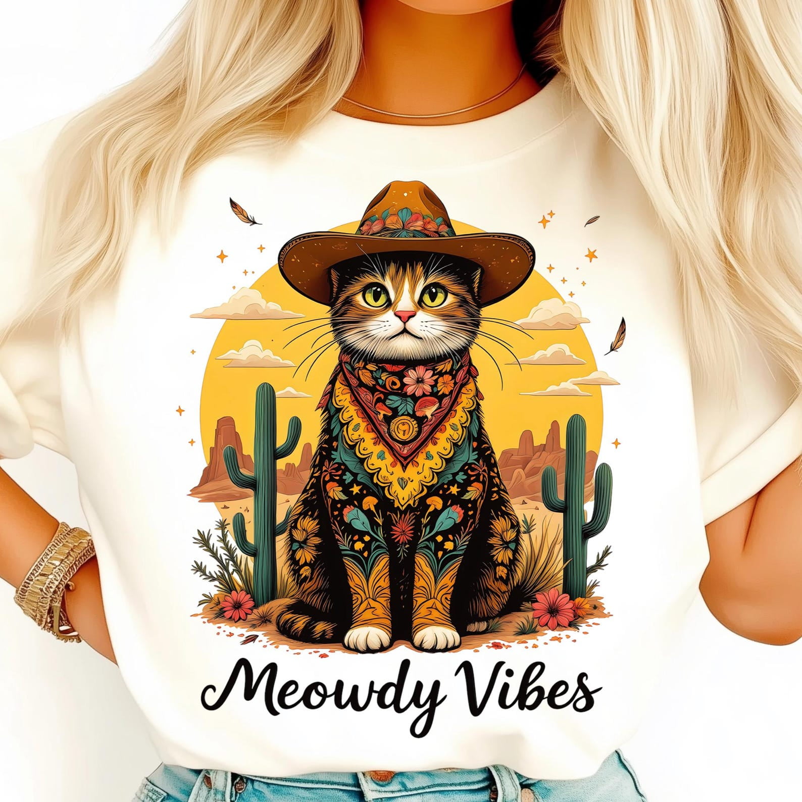 Boho Western Cat Shirt, Meowdy Vibes Cowgirl Kitty Shirt, Floral ...