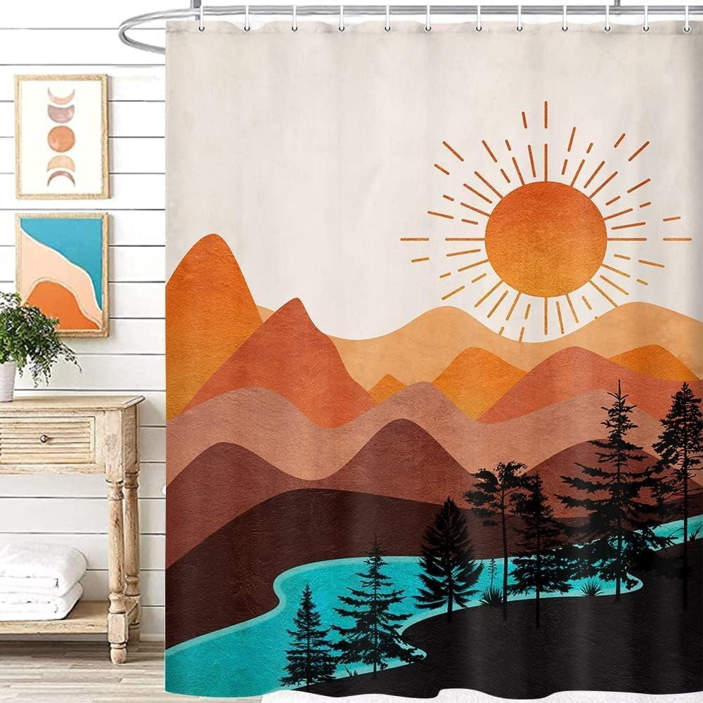 Boho Western Mountain Shower Curtain,Nature Forest Tree Lake Sun Shower ...