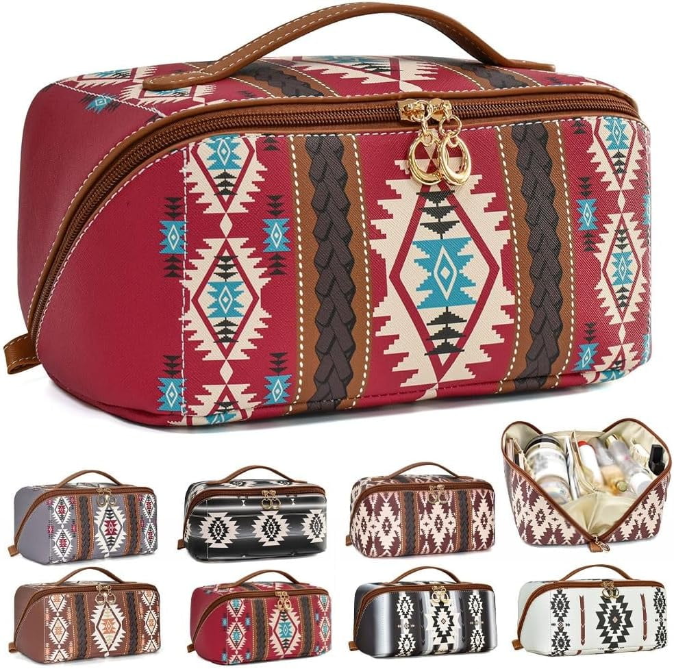 Boho Western Style Makeup Bag, PU Casual Colorblock Makeup Organizer ...