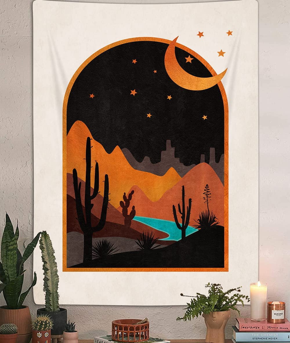 Boho Western Tapestry, Mountain Desert Cactus Wall Decor, Mid Century ...