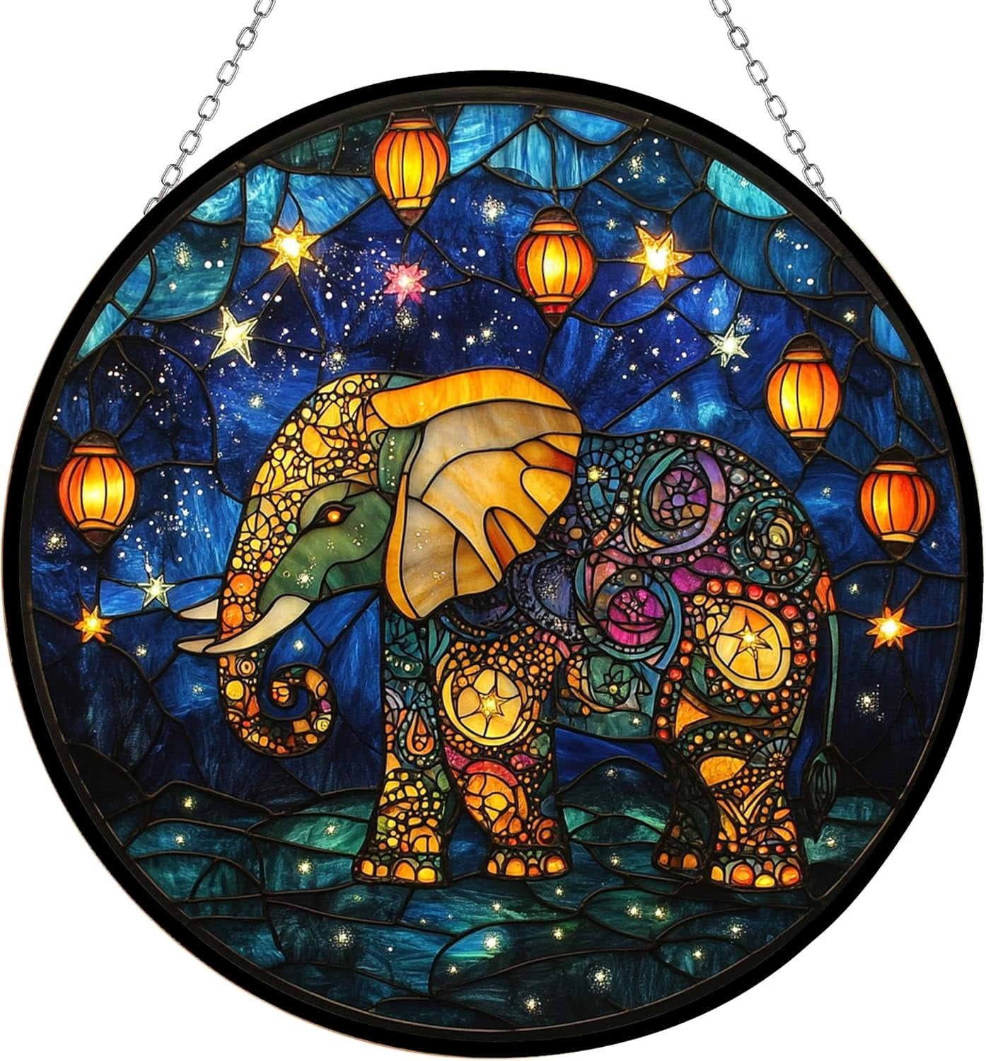 Boho Whimsical Elephant and Floating Lanterns Stained Glass Suncatcher ...