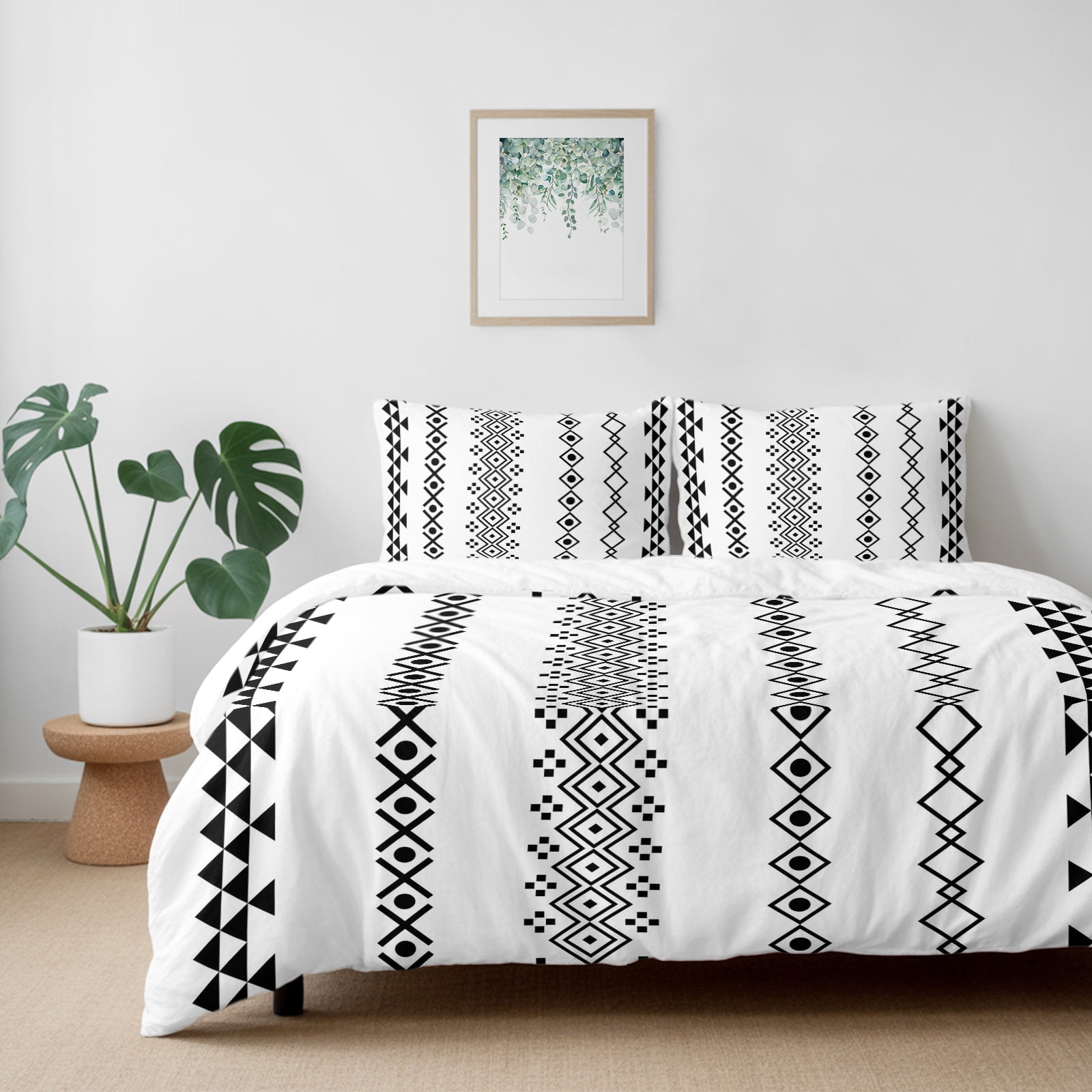 Boho White Black Geometric Pattern California King Size Bed Set ...