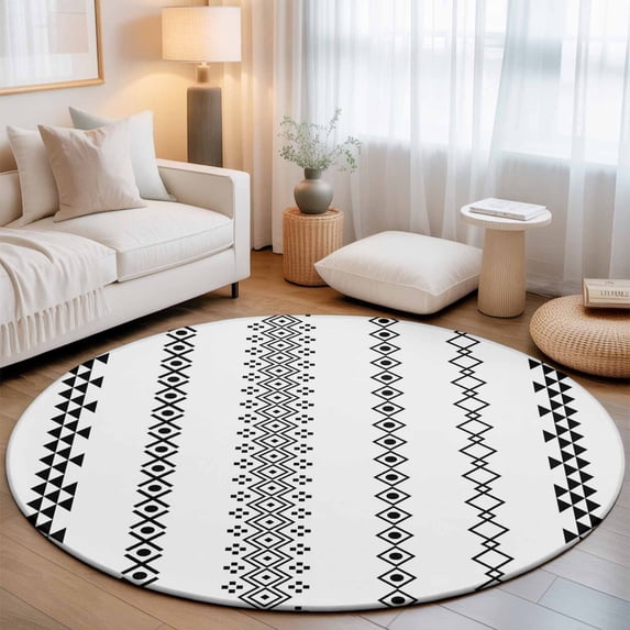 Boho White Black Geometric Pattern Round Rug 5ft Minimalist Ethnic ...