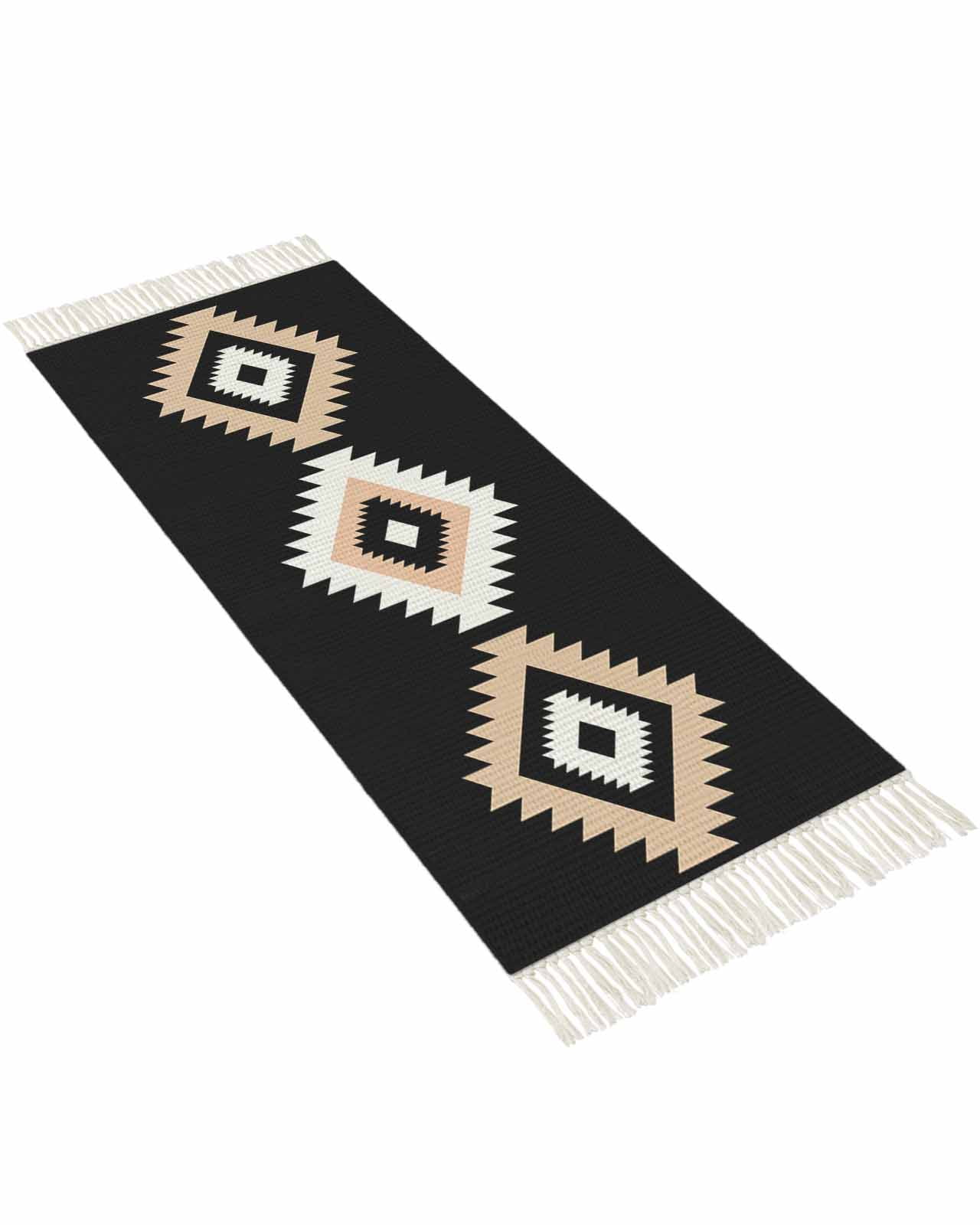 Boho White Khaki and Black Geometric Moroccan Farmhouse Black Bathroom ...