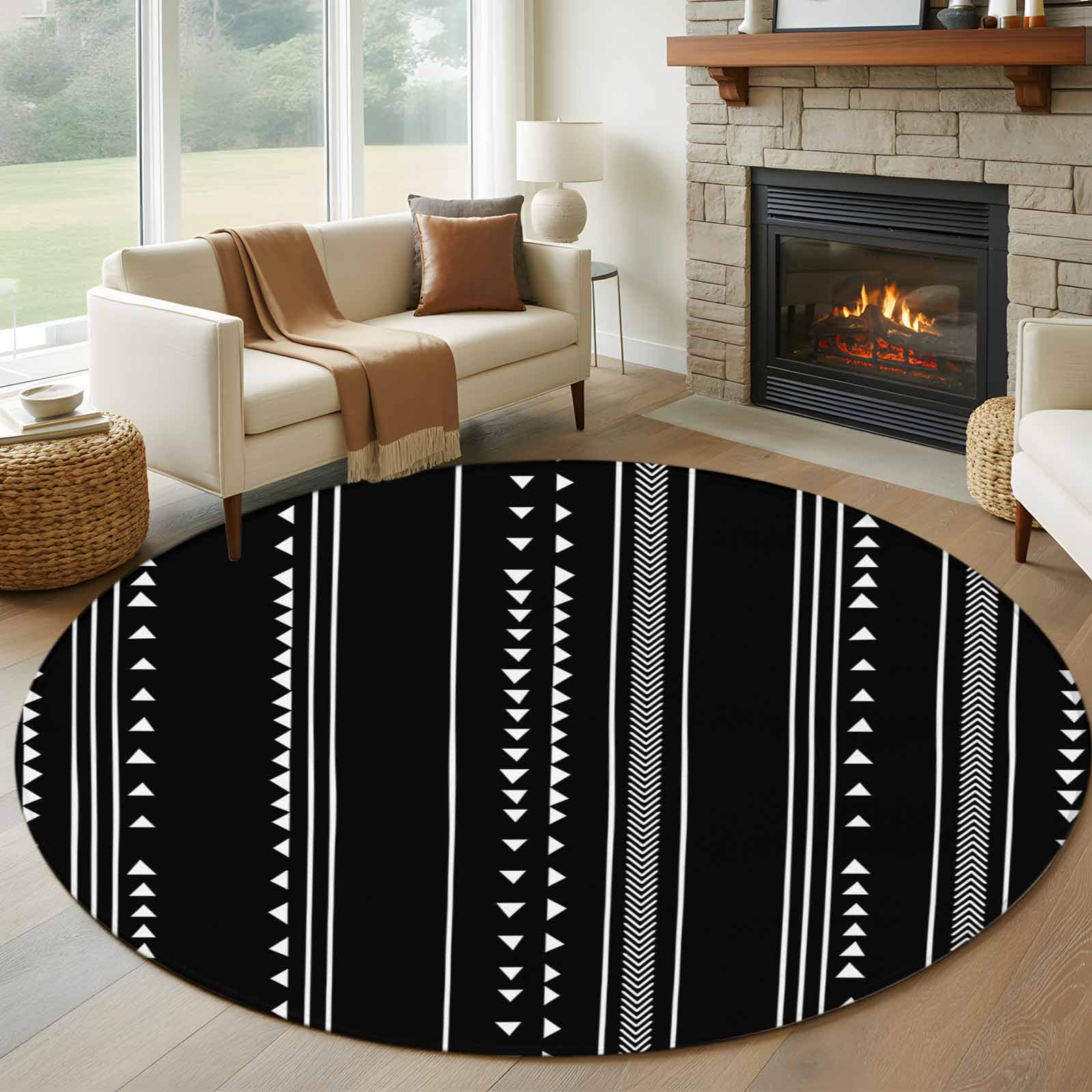 Boho White Stripes Large Round Rug 8 FT, Non Slip Living Room Area ...