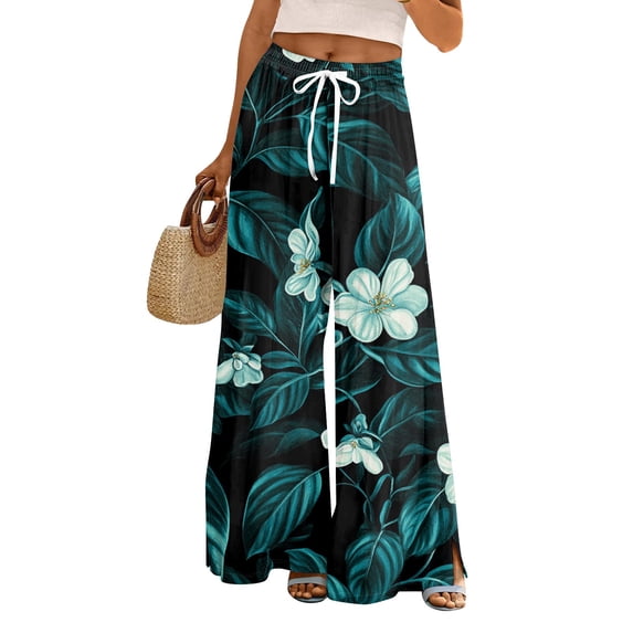 Boho Wide Leg Pants for Women Flowy Drawstring Floral Palazzo Pants ...