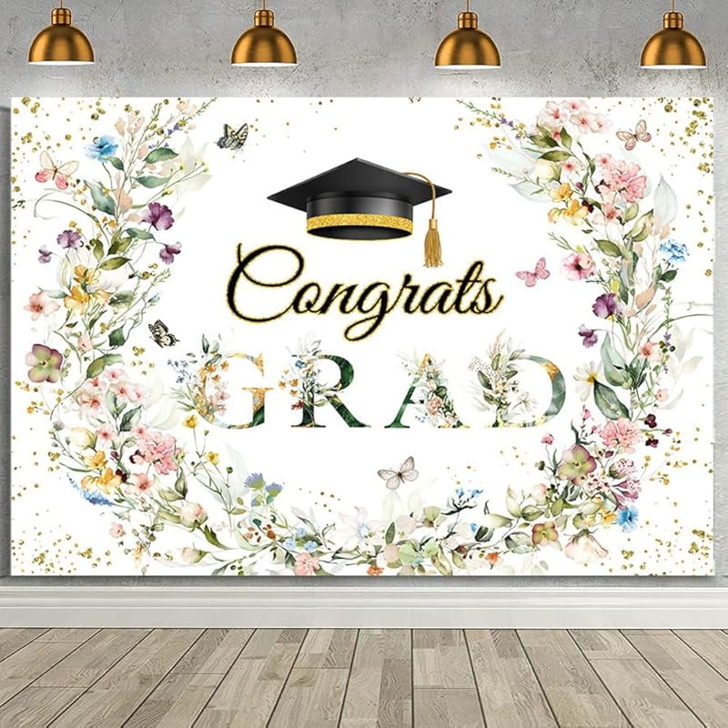 Boho Wildflower Graduation Backdrop Watercolor Floral Congrats Grad ...