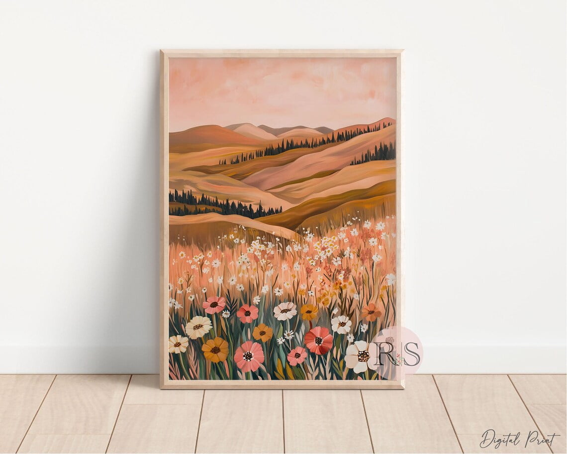 Boho Wildflower Mountain Landscape Painting Art Print, Boho Sunset ...