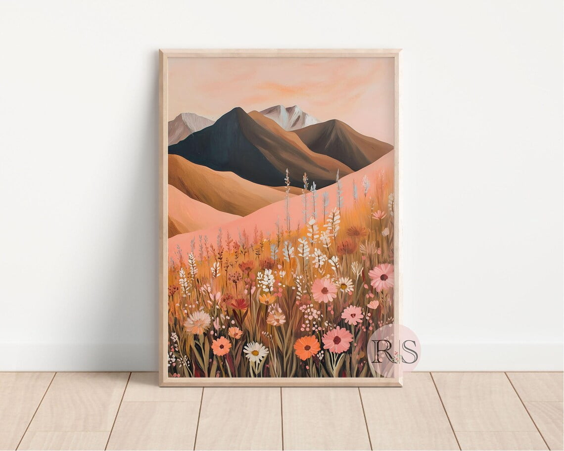 Boho Wildflower Sunset Landscape Painting Art Print, Earth Tones Boho ...
