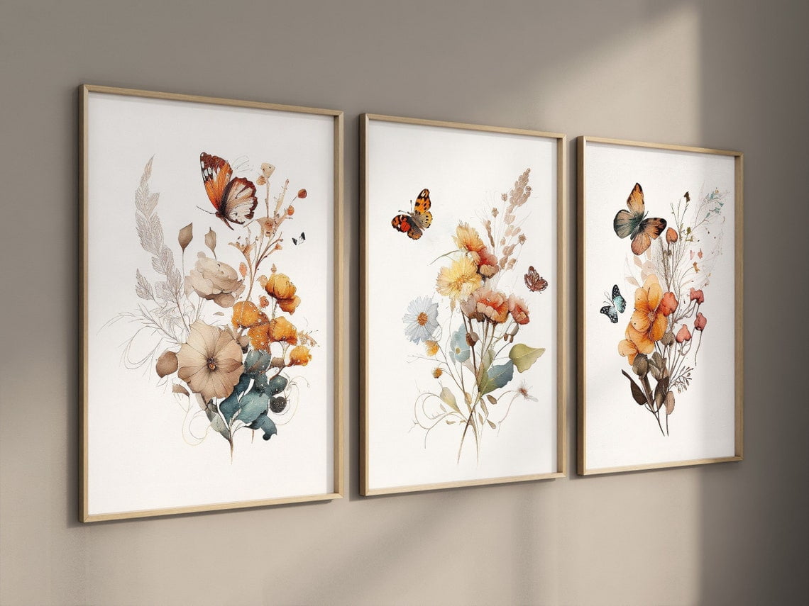 Boho Wildflower Wall Art Butterfly Set 3 Unframed Paper Print 12x18 ...