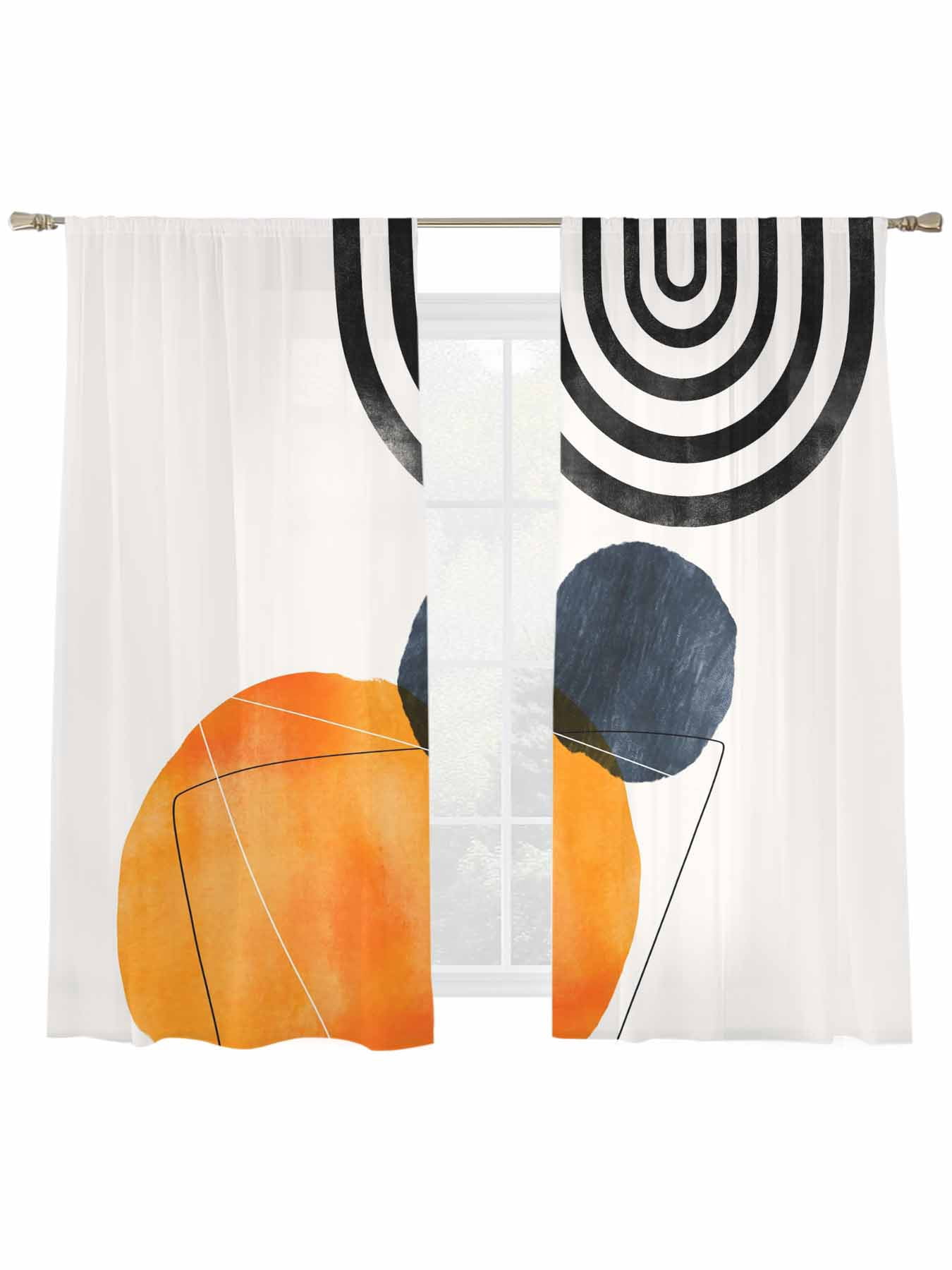 Boho Window Sheer Curtain Orange Blue Watercolor Dots Geometric Lines ...