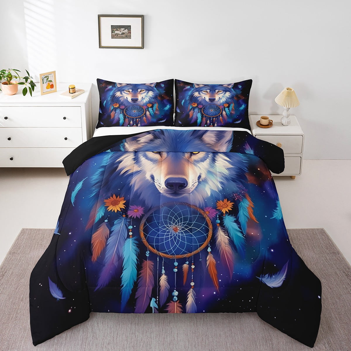 Boho Wolf Bedding Queen Size,Ombre Dreamcatcher Floral Comforter Set ...