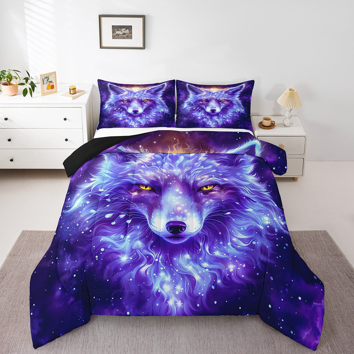 Boho Wolf Comforter Set,Dreamy Gradient Purple Down Comforter Soft ...