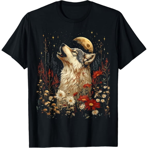 Boho Wolf Howling at The Moon Floral Mystical Graphic Women T-Shirt ...