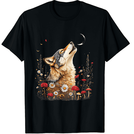 Boho Wolf Howling at the Moon Floral Mystical Graphic T-Shirt for Men ...