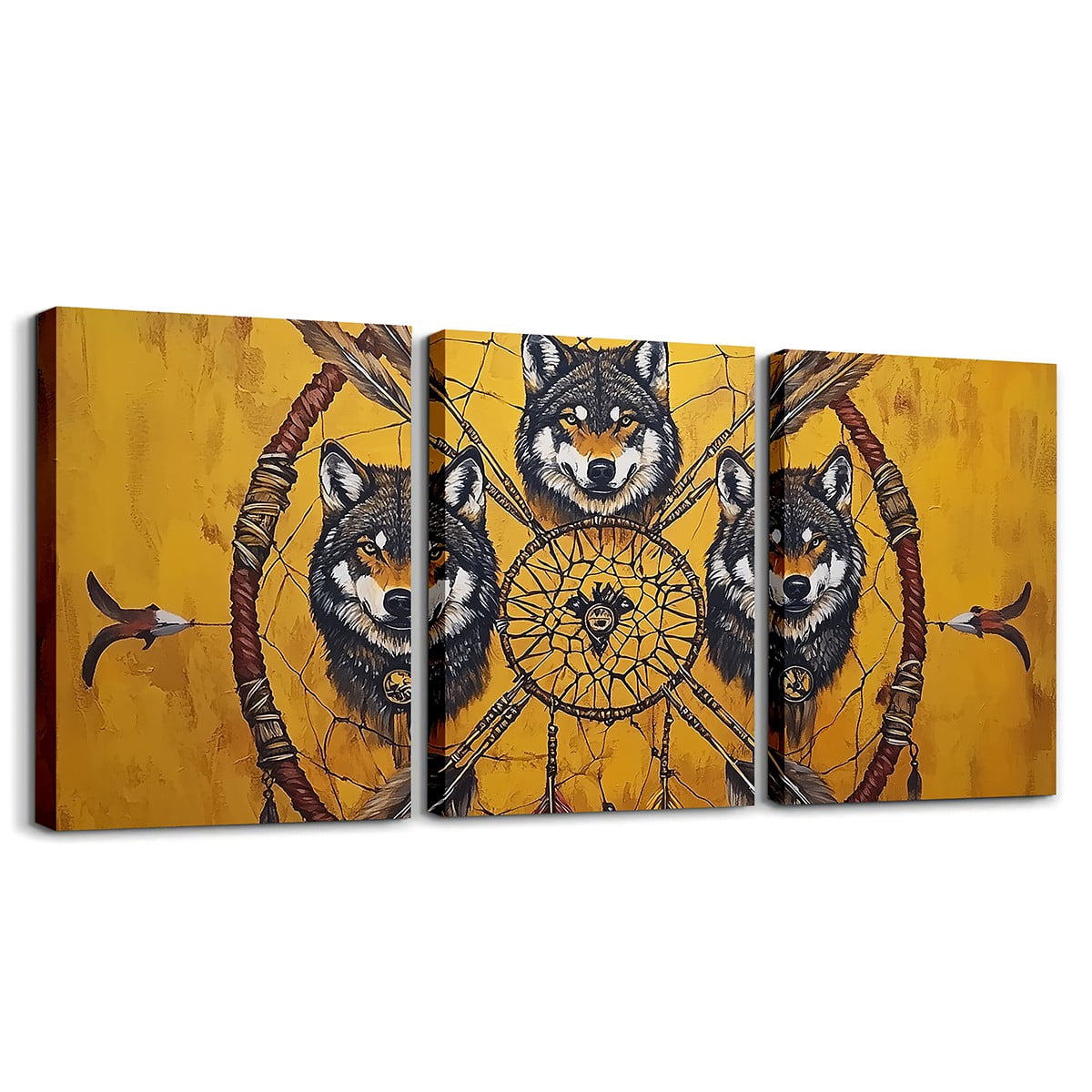 Boho Wolf Print Framed Wall Art Dreamcatcher Wolf Canvas Wall Art, 3D ...