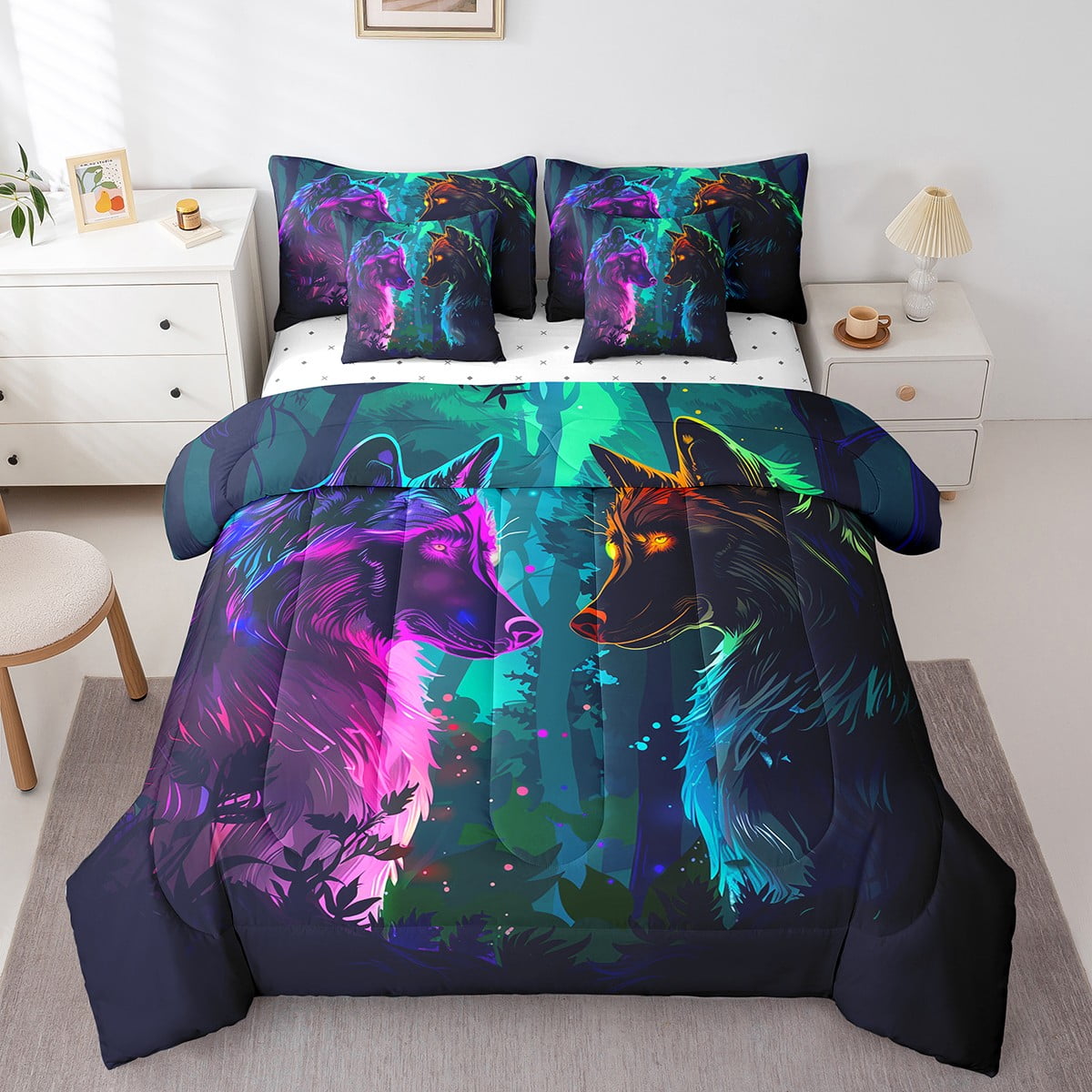 Boho Wolf Queen Comforter Set 7 Pieces Hippie Gradient Wolf Bedding ...