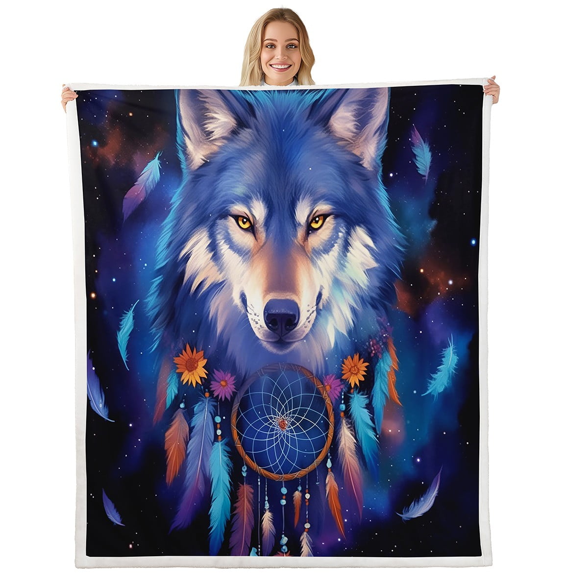 Boho Wolf Throw Blanket Twin 60x80,Ombre Dreamcatcher Floral Blanket ...