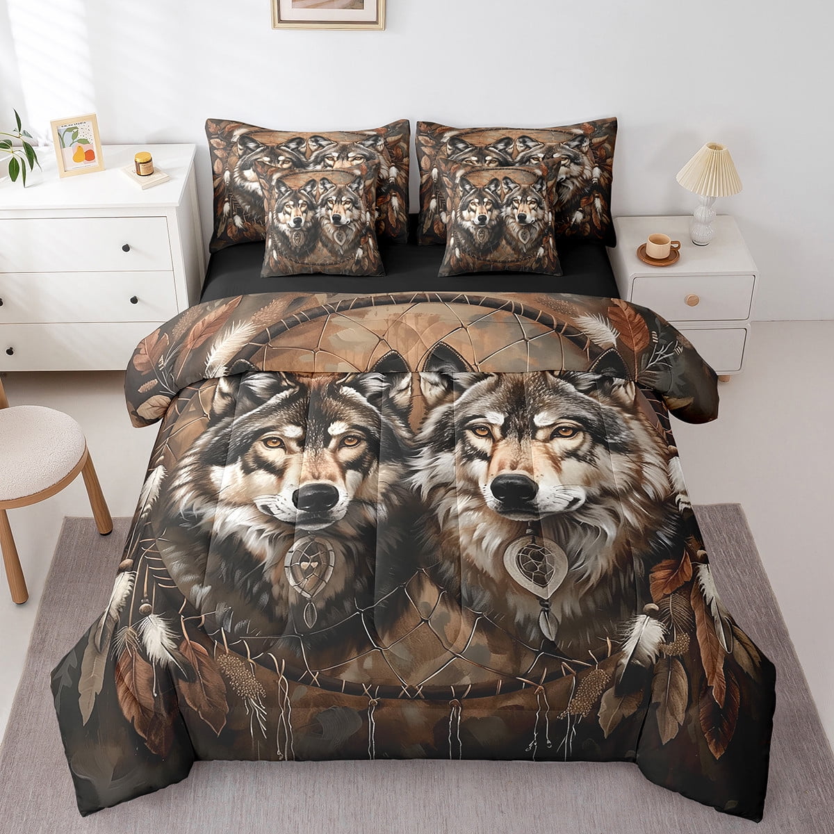 Boho Wolf Twin Comforter Set 7 Piece Teens Adults,Tribal Wildlife Bed ...