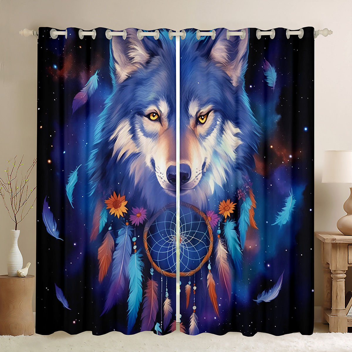 Boho Wolf Window Curtains Drapes,Ombre Dreamcatcher Floral Curtains ...