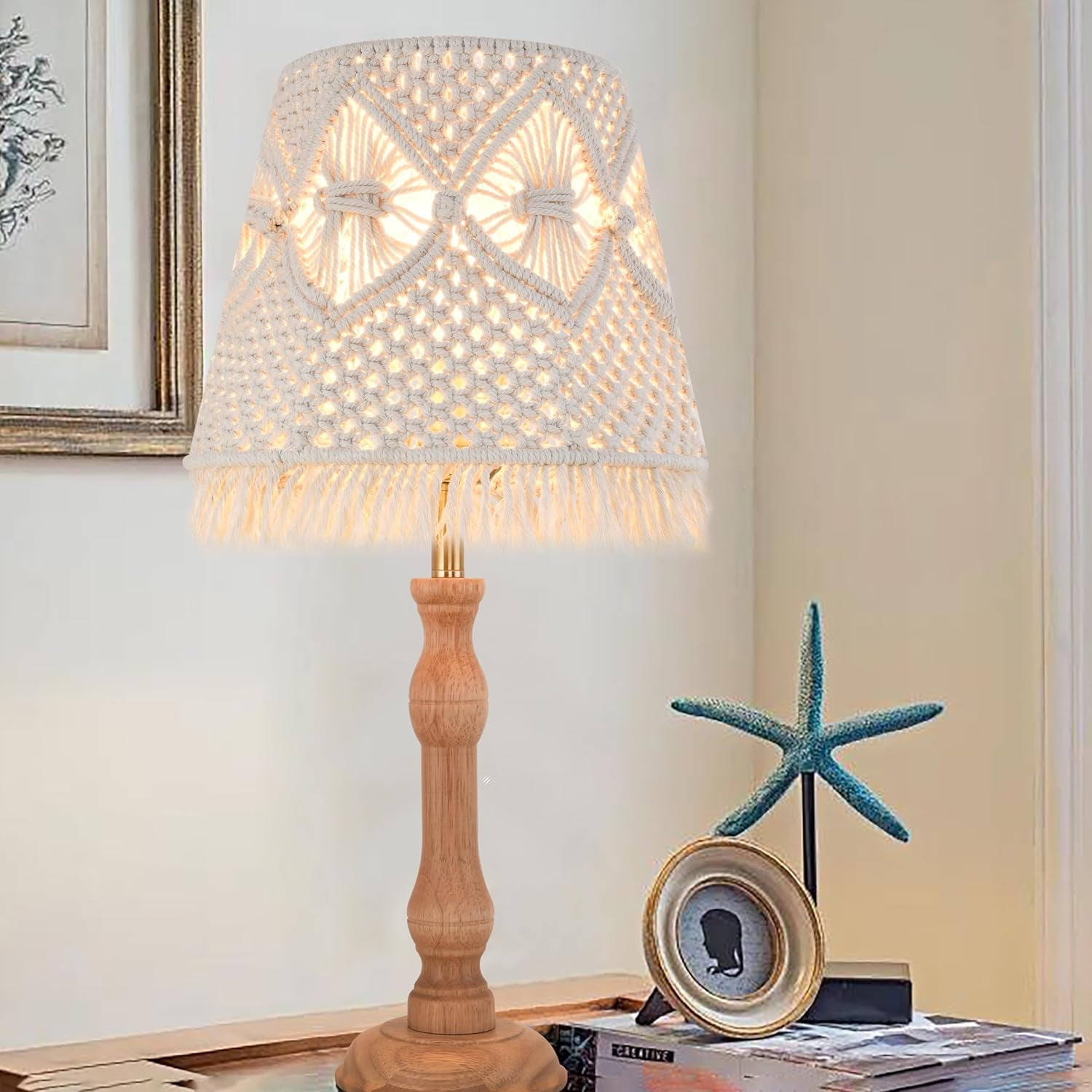 Boho Wood Table Lamp 23IN Cute Desk Lamp with White-Ivory Hollow Woven ...