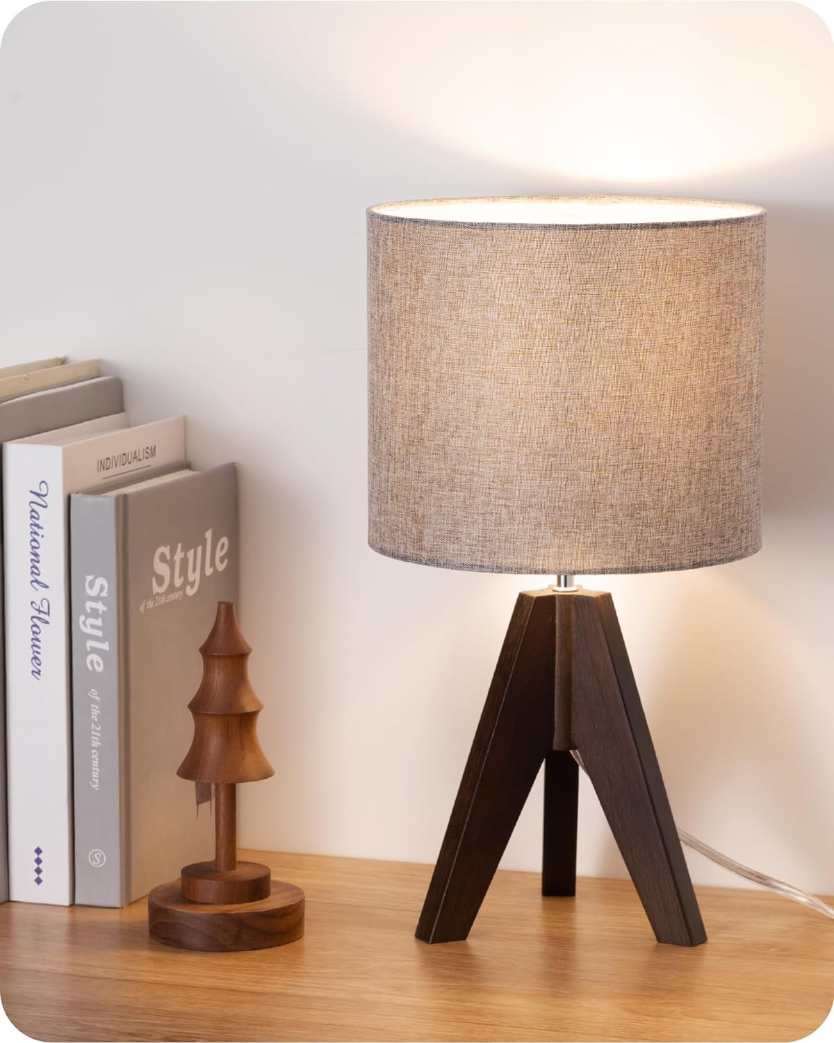 Boho Wooden Tripod Table Lamp, Walnut Color, E26 Socket, Grey Linen ...