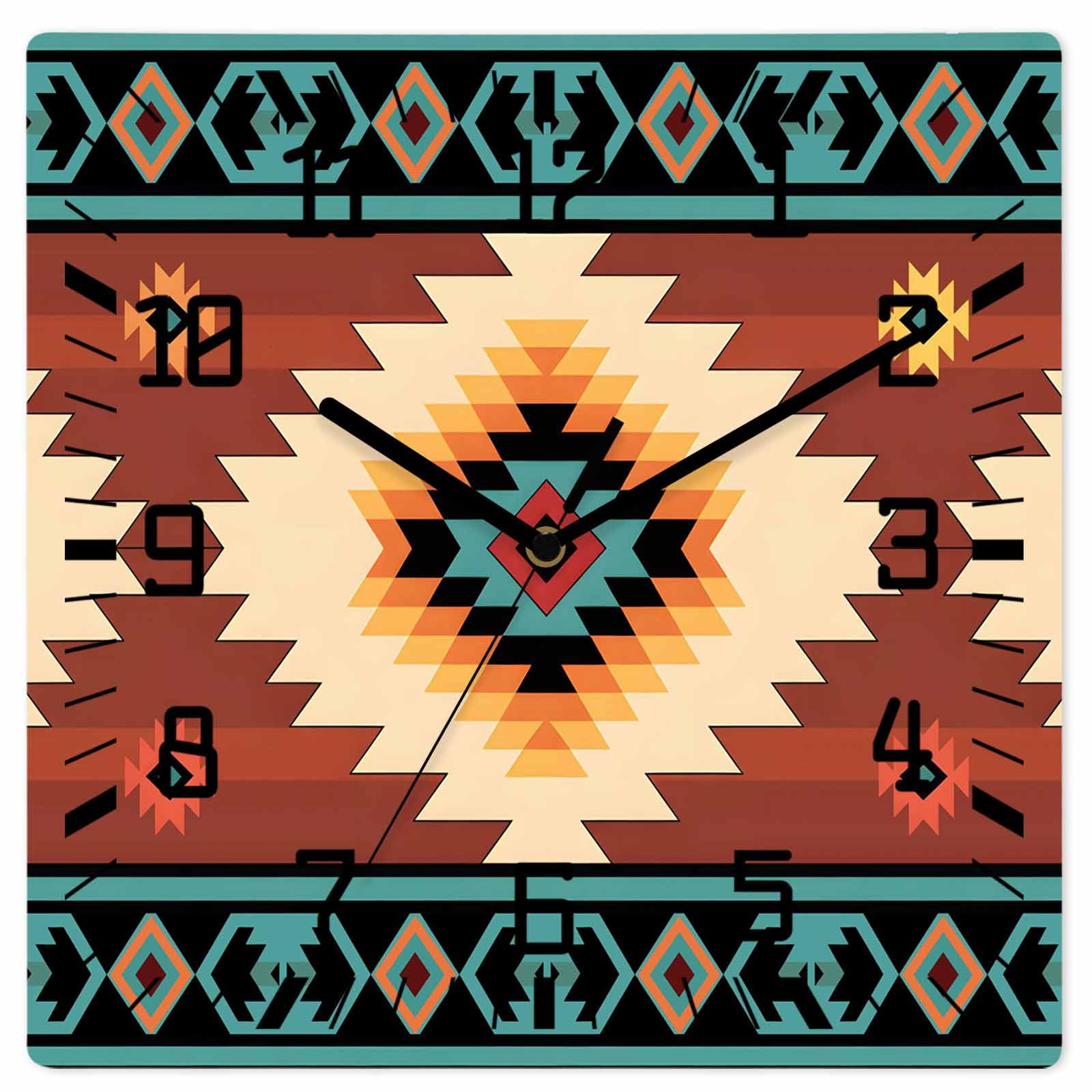 Boho Wooden Wall Clock Silent Non Ticking, Brown Turquoise Abstract ...
