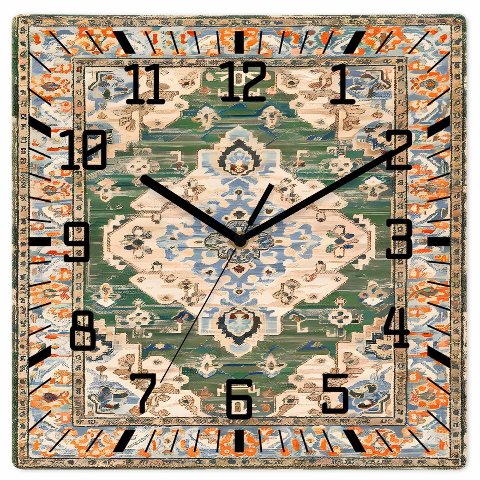 Boho Wooden Wall Clock Silent Non Ticking, Green Brown Ethnic Tribe ...
