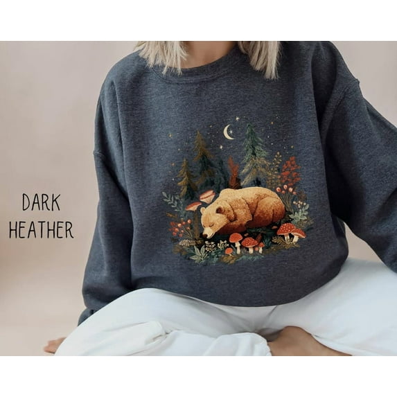 Boho Woodland Art Sleeping Bear Sweatshirt, Whimsical Forest Scene ...