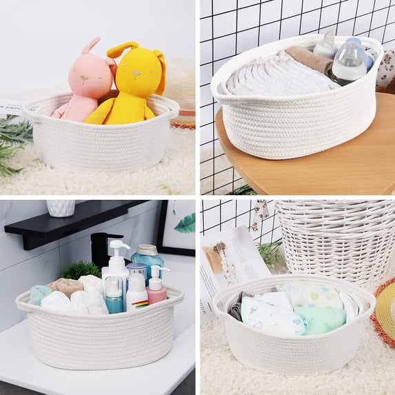 Boho Woven Cotton Rope Basket with Handles, Small White Storage Bin for ...