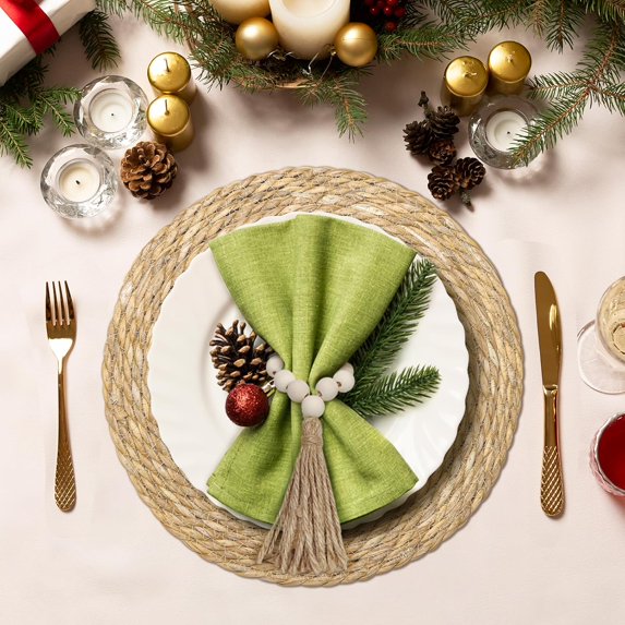 Boho Woven Placemats Set of 10 with Wooden Napkin Rings, Round Charger ...