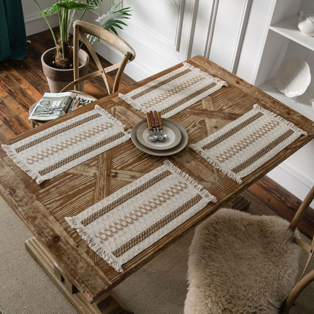 Boho Woven Placemats Set of 4 Brown/Beige Macrame Style Place Mats for ...