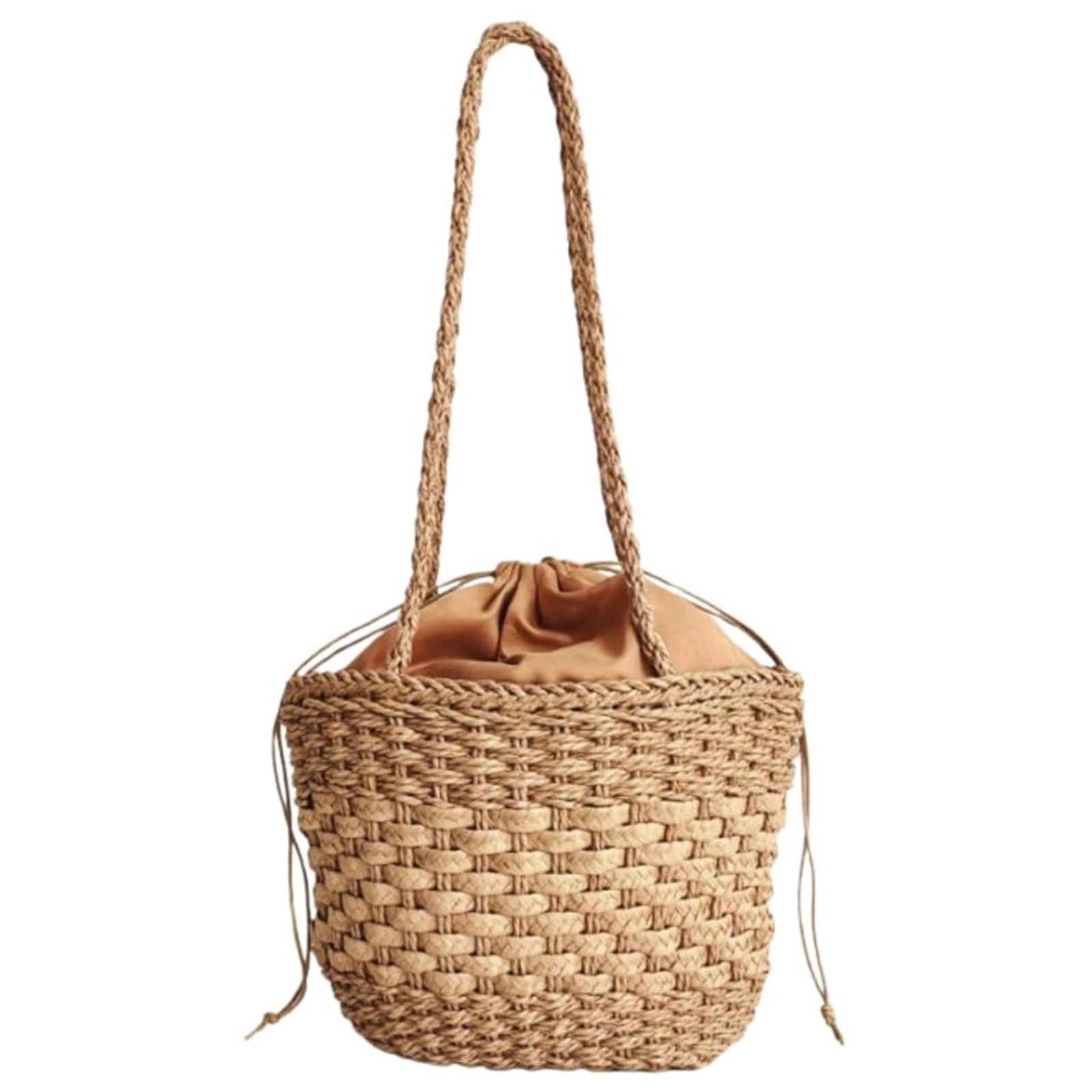 Boho Woven Straw Shoulder Bag Women’s Retro Drawstring Bucket Handbag ...