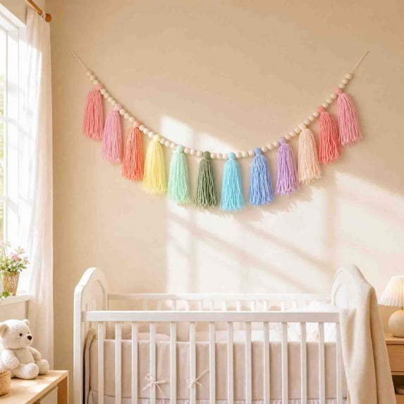 Boho Yarn Tassel Garland - Handmade Wall Hanging Decor for Nursery ...