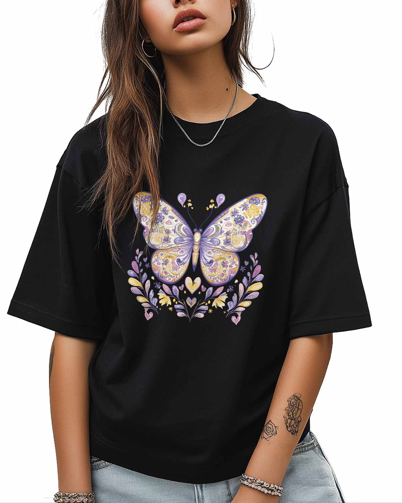 Boho Yellow Butterfly T Shirts for Women Short Sleeve Cotton Crewneck T ...