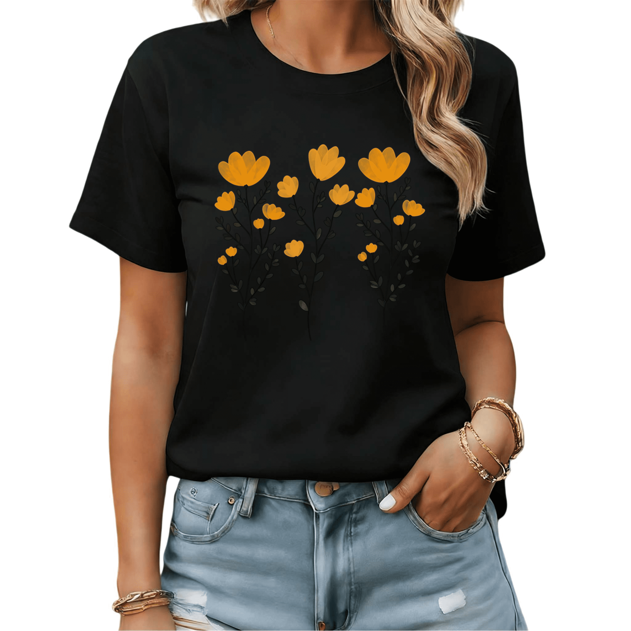 Boho Yellow Flower Stems Graphic Tees Womans T shirt Black/White S-5XL ...