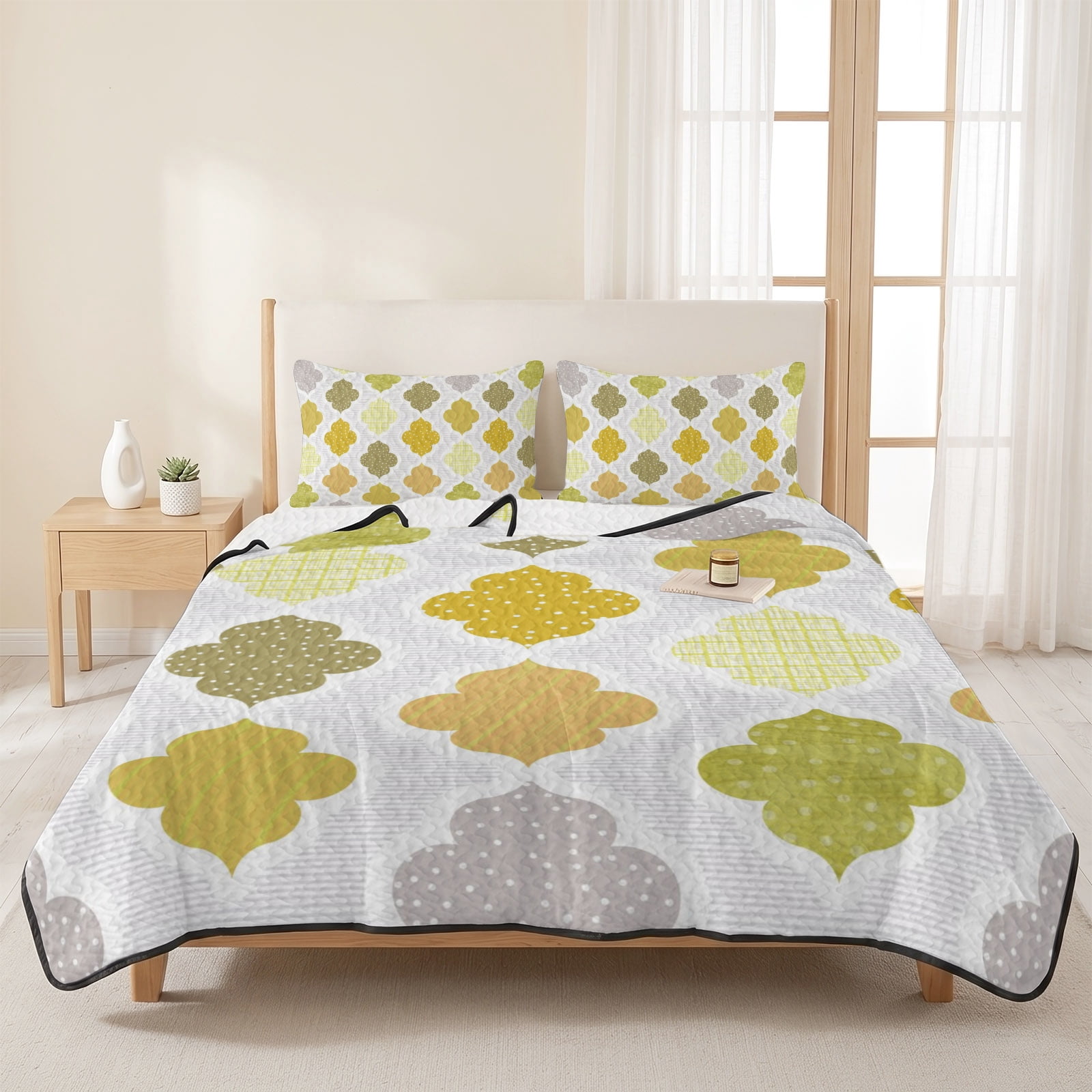 Boho Yellow Geometric Medieval 3 Pieces Quilt Set,1 Quilt with 2 Shams ...