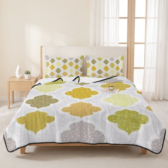 Boho Yellow Geometric Medieval 3 Pieces Quilt Set,1 Quilt with 2 Shams ...