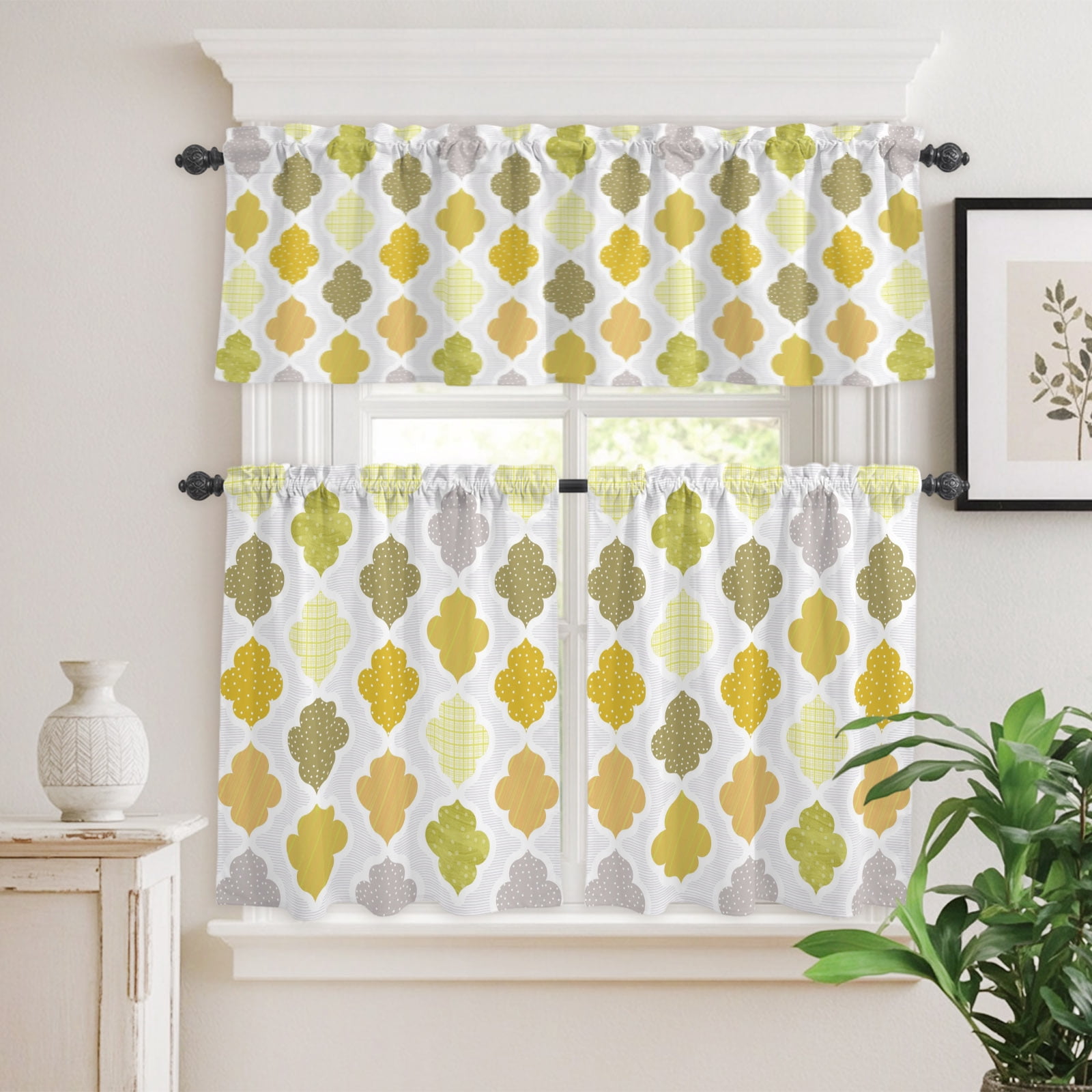 Boho Yellow Geometric Medieval Curtain Tier and Valance Set 3 Piece ...