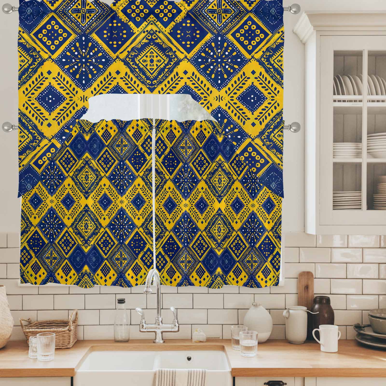 Boho Yellow Swag Curtains Valance and Tier Set, Watercolor Flower ...