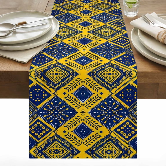 Boho Yellow Table Runner 13x60 inch Watercolor Flower Rhombus Polka Dot ...