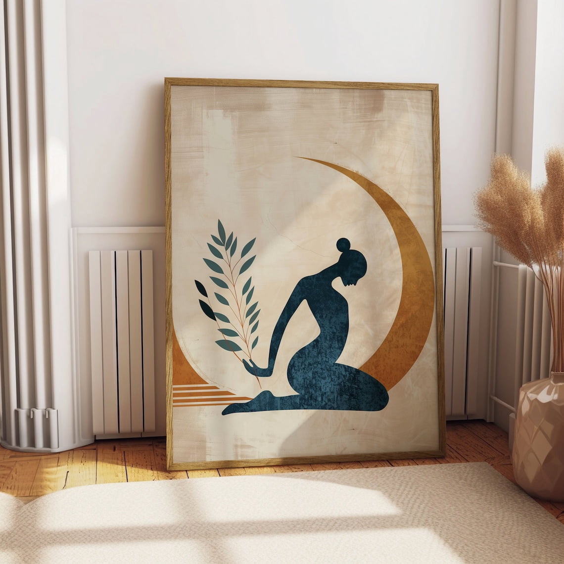 Boho Yoga Pose Print Abstract Woman Moon Art, Stretched Canvas 16x20in ...