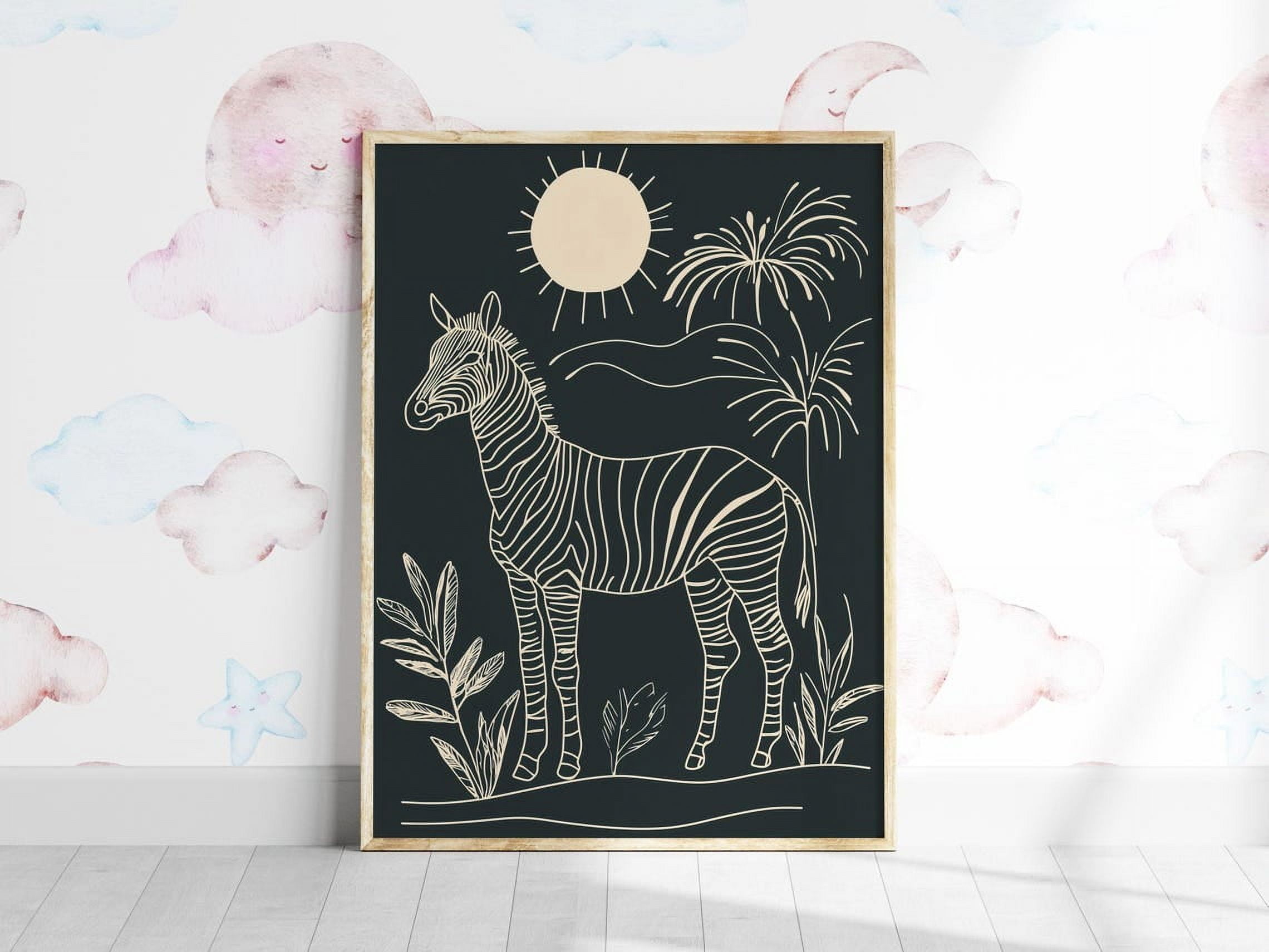 Boho Zebra Safari Line Art, Zebra Dark Blue Decor, Colorful Minimalist ...