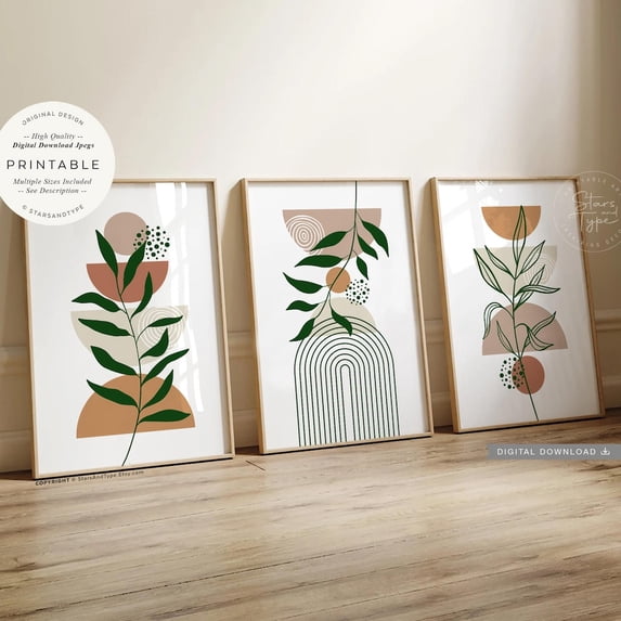 Boho abstract leaves geometric PrintS trio brown beige Art Set 3 ...